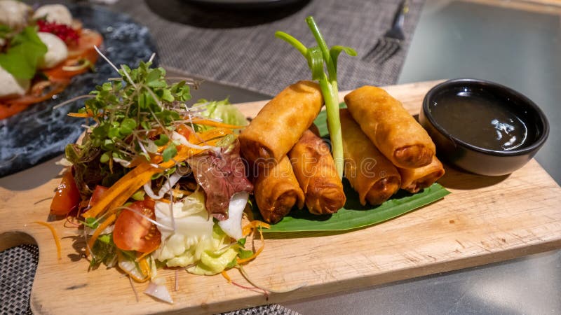 Thai Spring Rolls, Top View at Table with Thai Food Stock Image - Image ...