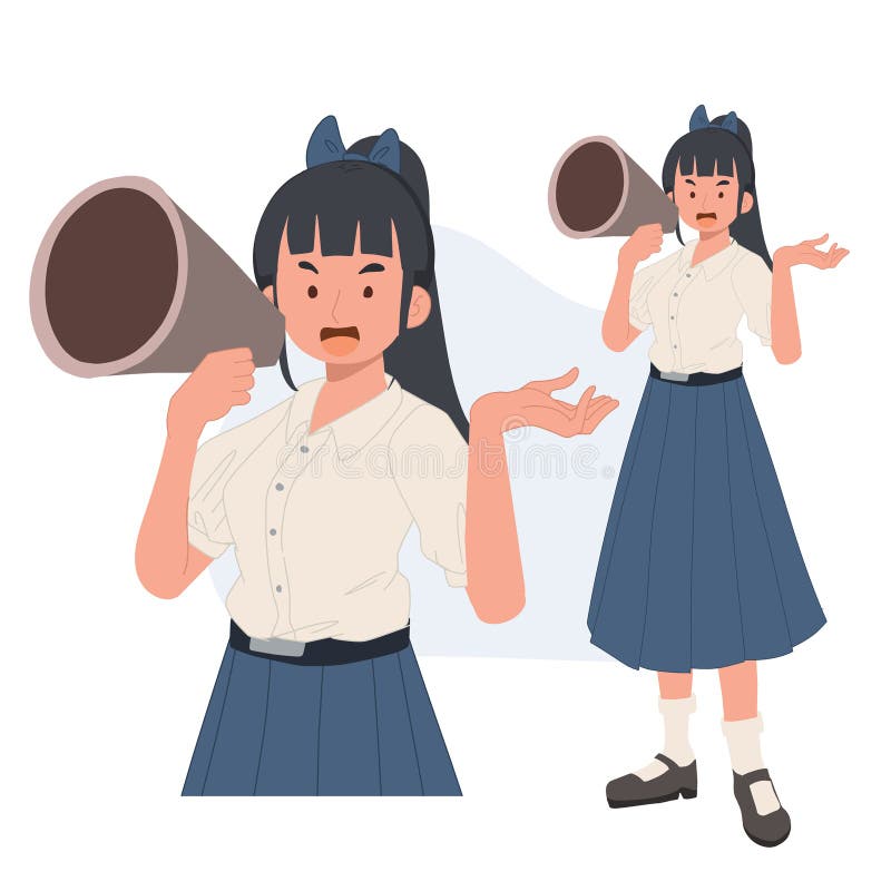 Thai Student Girl is Using a Megaphone To Announce Something. Learning ...