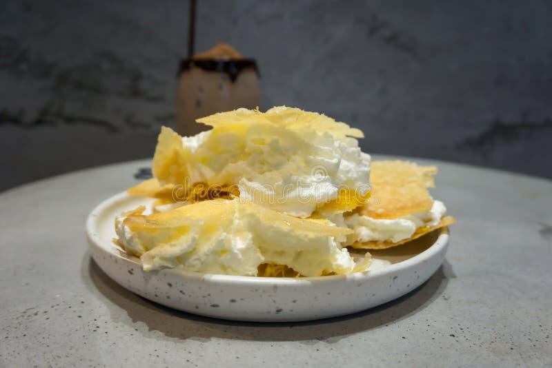 Thai-style Crispy Roti with Thai Sweet and Whipped Cream Stock Photo ...