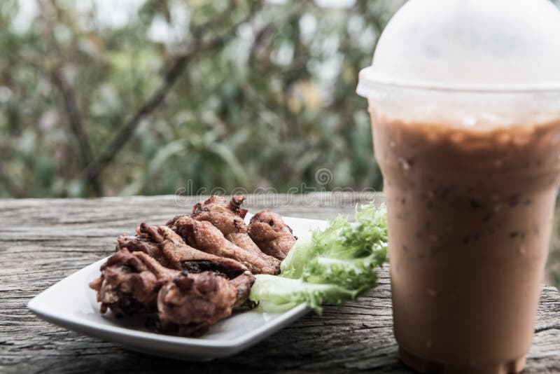 Thai Style Fried Chicken with Iced Milk Tea Stock Image - Image of meat ...