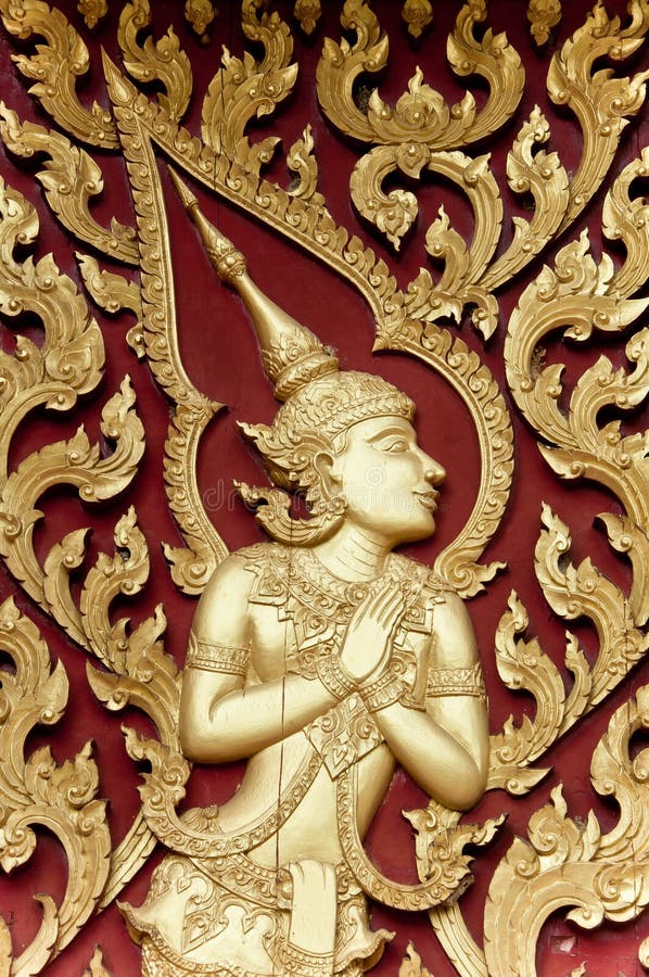 Thai Style Gloden Deva Carving on Wood Stock Image - Image of asia ...