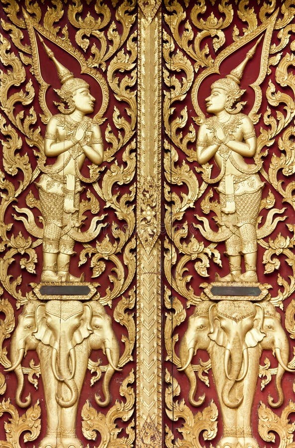 Thai Style Golden Deva Carving on Wood Stock Photo - Image of abstract ...