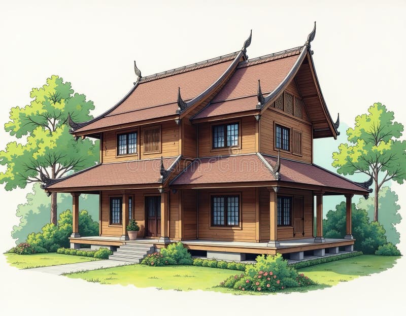 Thai Style House Architectural Design Illustration Stock Illustration ...