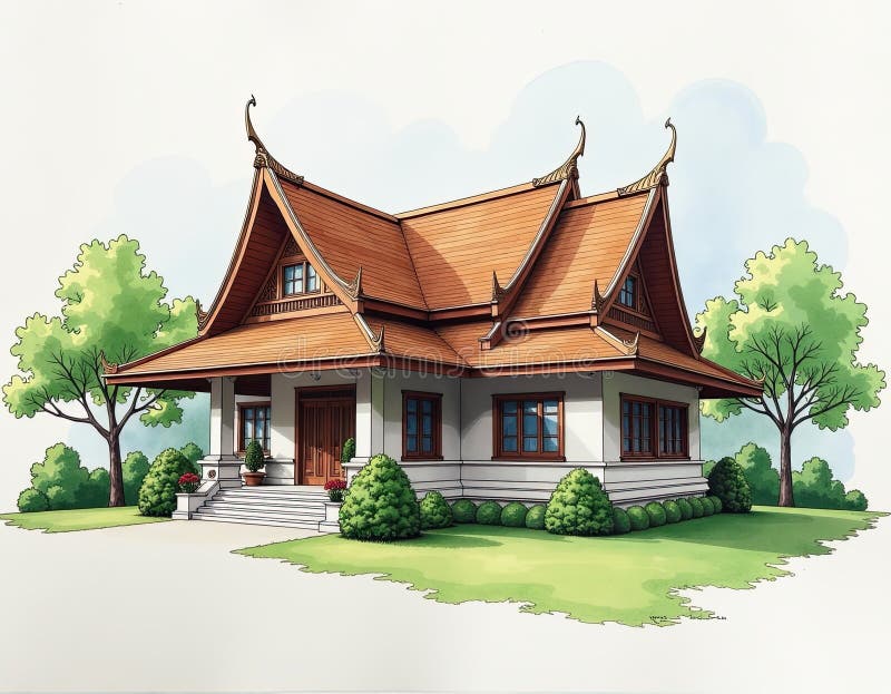 Thai Style House Architectural Rendering Stock Illustration ...