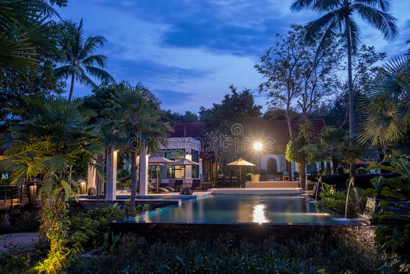Thai Style House with Pool Thailand during Sunset Stock Image - Image ...