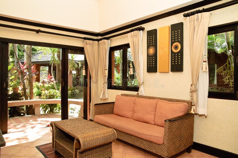 Thai style living room stock image. Image of window, comfortable - 12414873