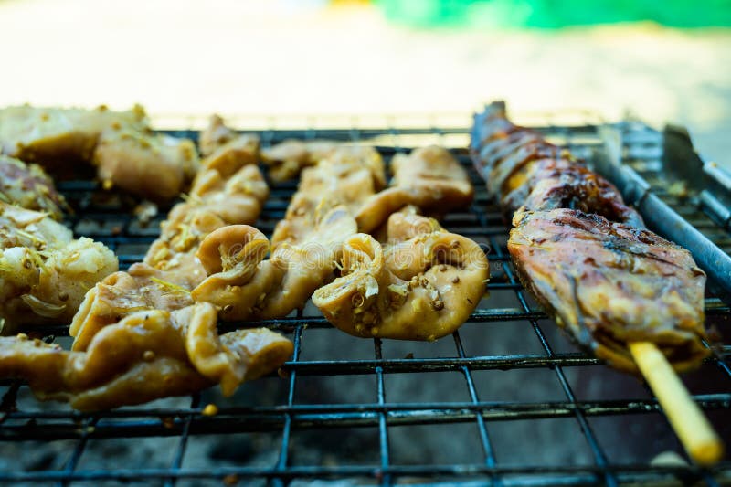 Thai Style Meat Grilling in Country Stock Photo - Image of intestine ...