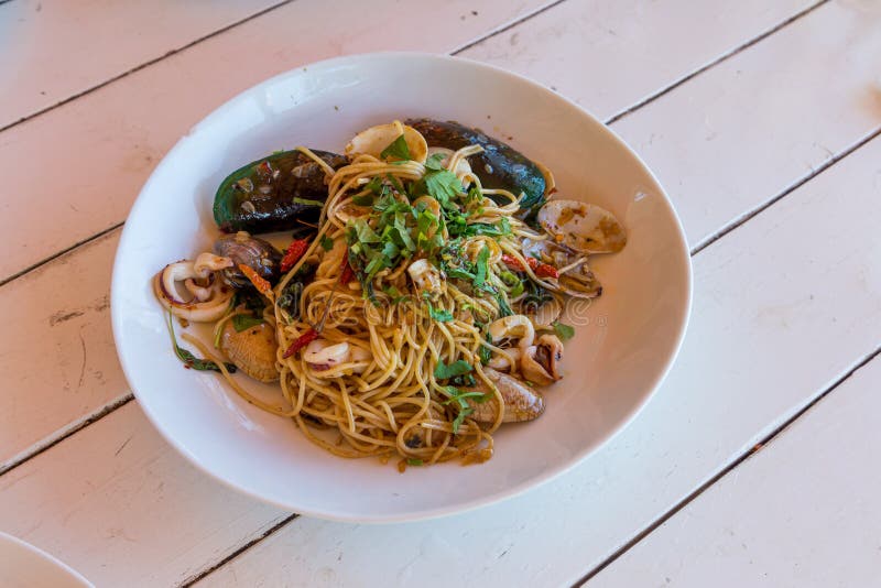Thai Style Spaghetti with Spicy Seafood Sauce Stock Photo - Image of ...