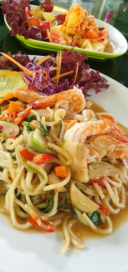 Thai Style Spicy Spaghetti with Shrimp. Stock Photo - Image of noodle ...