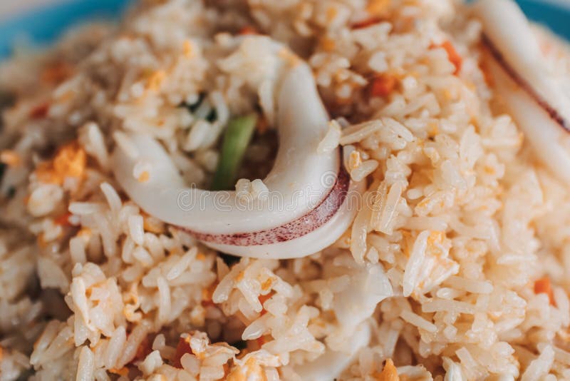 Thai Style Squid Fried Rice Served in Blue Ceramic Dish. Stock Photo ...