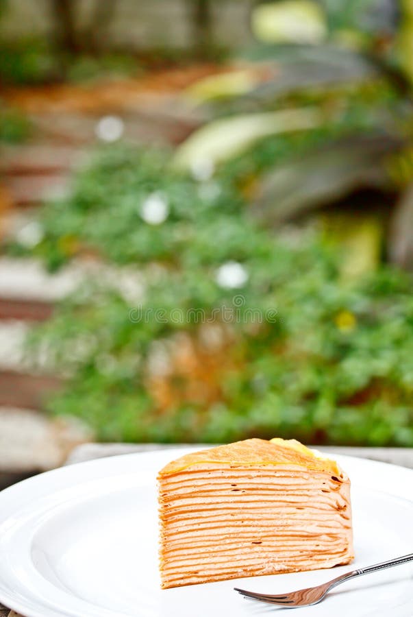 Thai Tea Crepe Cake in Garden Stock Image - Image of gourmet ...