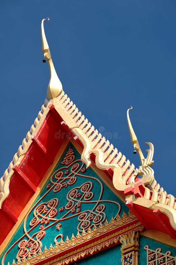 Thai Temple Gable Soars into Blue Sky Stock Photo - Image of temple ...