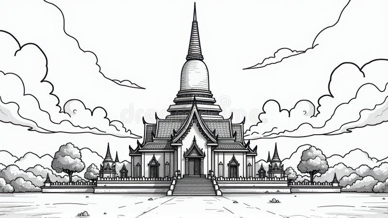 Thai Temple Line Drawing, Generative Ai, Generative Ai Stock ...