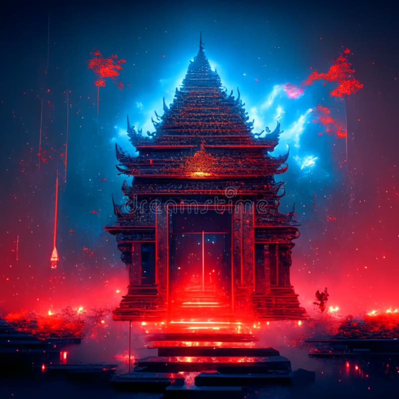Thai Temple with Red Light and Fire. 3d Rendering Stock Illustration ...
