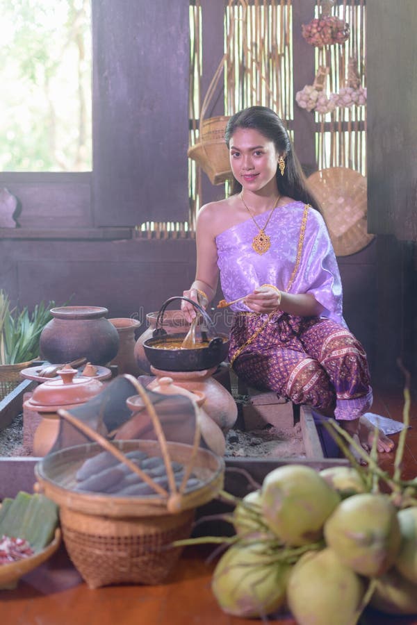 Thai Woman Cooking in Retro Thai Dress Stock Image - Image of market ...