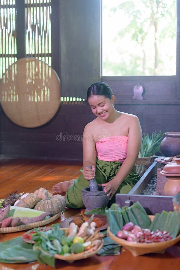 Thai Woman Cooking in Retro Thai Dress Stock Image - Image of cook ...