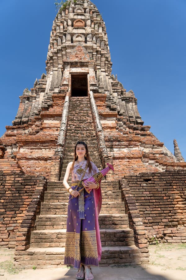 Thai Women with Traditional Thai Suit in Temple Stock Photo - Image of ...
