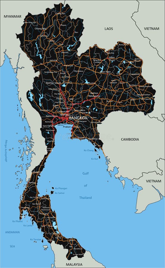 Detailed Thailand Road Map with Labeling. Stock Vector - Illustration ...