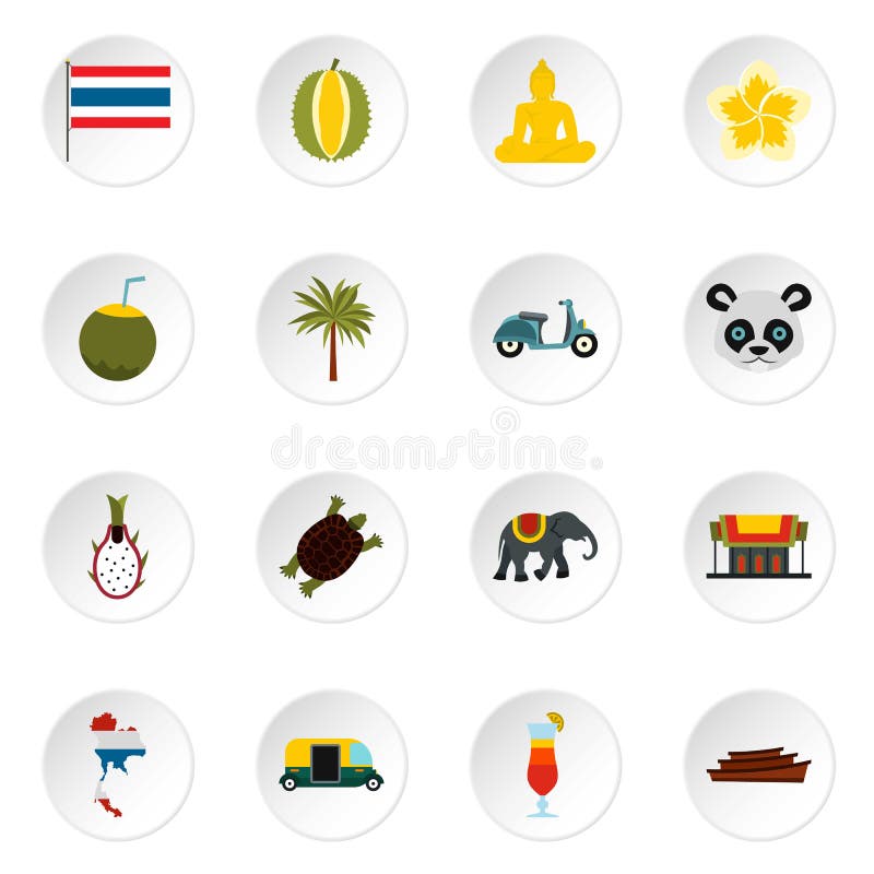 Thailand Icons Set, Flat Style Stock Vector - Illustration of palm ...