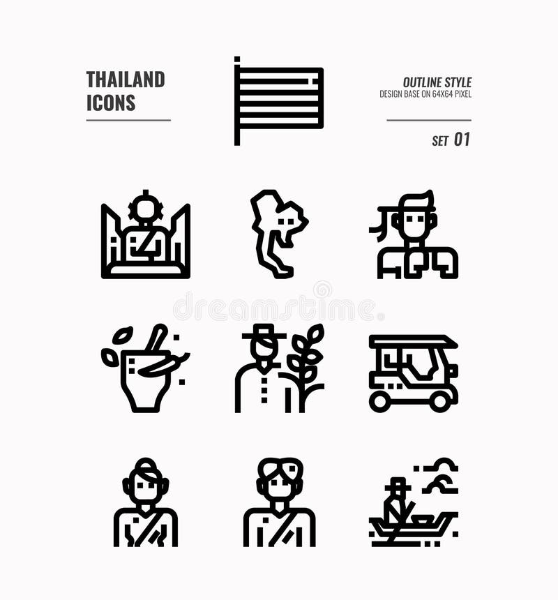 Thailand Line Icon Set 1. Include Flag, Map, People, Transportation and ...