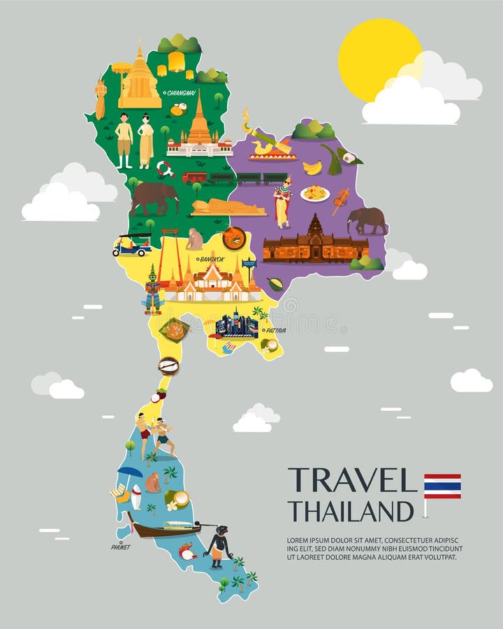 Thailand Map with Colorful Landmarks Illustration Design Stock Vector ...