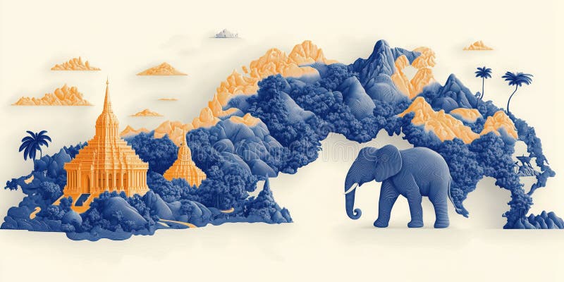 Thailand Map Illustration with Temples, Mountains, and Elephant in ...