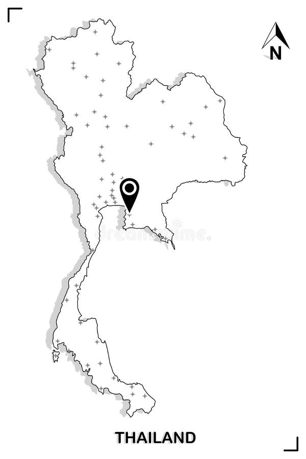 Thailand Map Outline Graphic Drawing with Marking Location on White ...