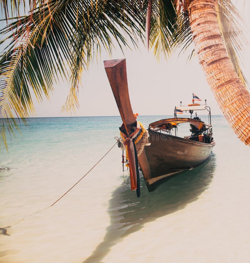 Thailand Ocean Landscape. Exotic Beach View and Traditional Ship Stock ...