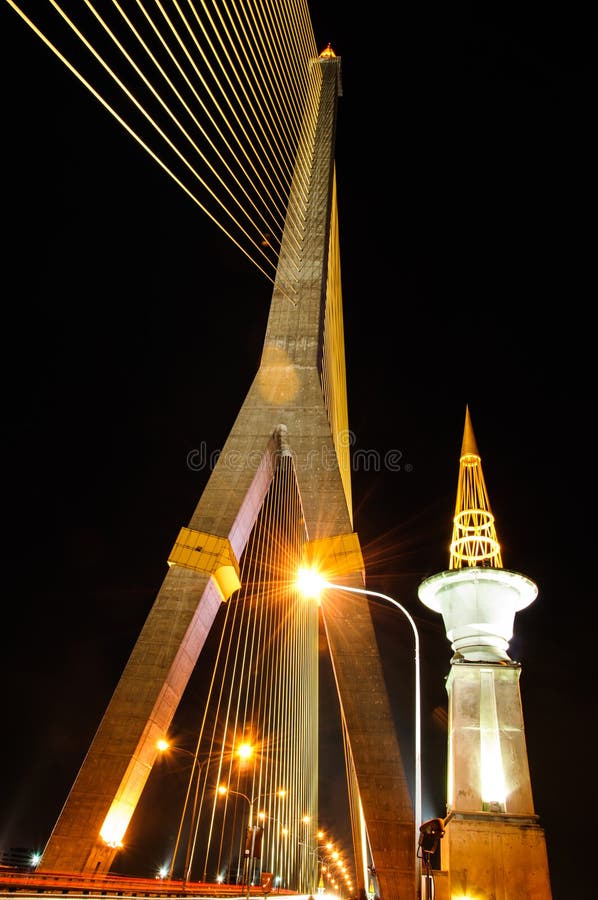 Thailand Rama 8 Rope Bridge Night Scape Stock Image - Image of cable ...
