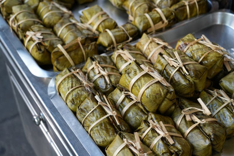 Thailand Rice Cakes Bundle Wrapped Banana Leaves on Banana Leaves ...