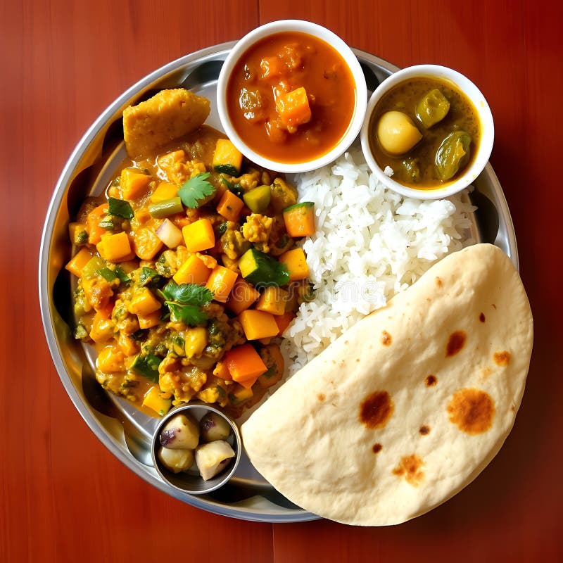 A Thali with Mixed Vegetable Curry, Rice, and Chapati Served with a ...