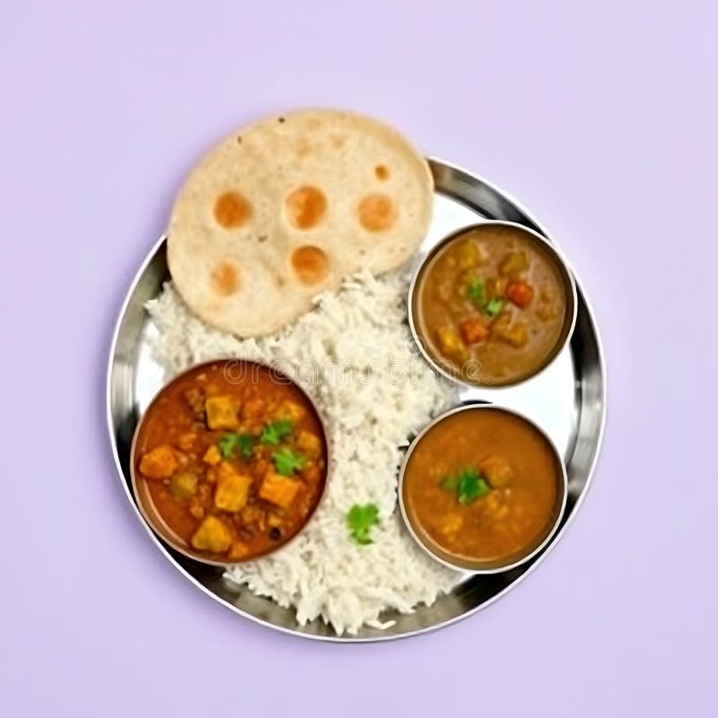 A Thali of Vegetable Curry, Dal, Rice, and Roti on a Pastel Lavender ...