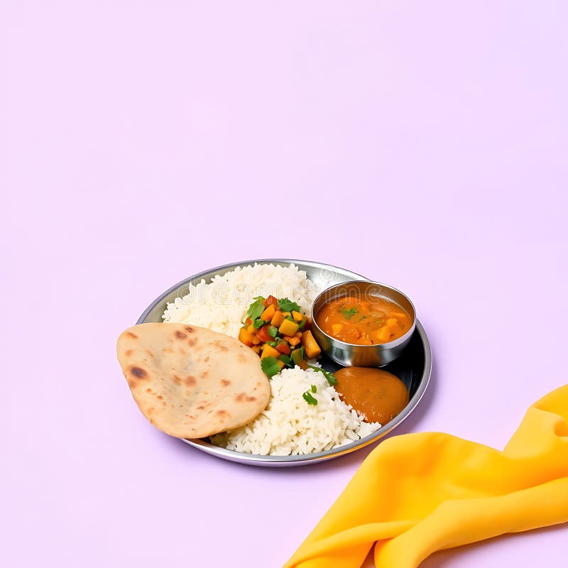 A Thali of Vegetable Curry, Dal, Rice, and Roti on a Pastel Lavender ...