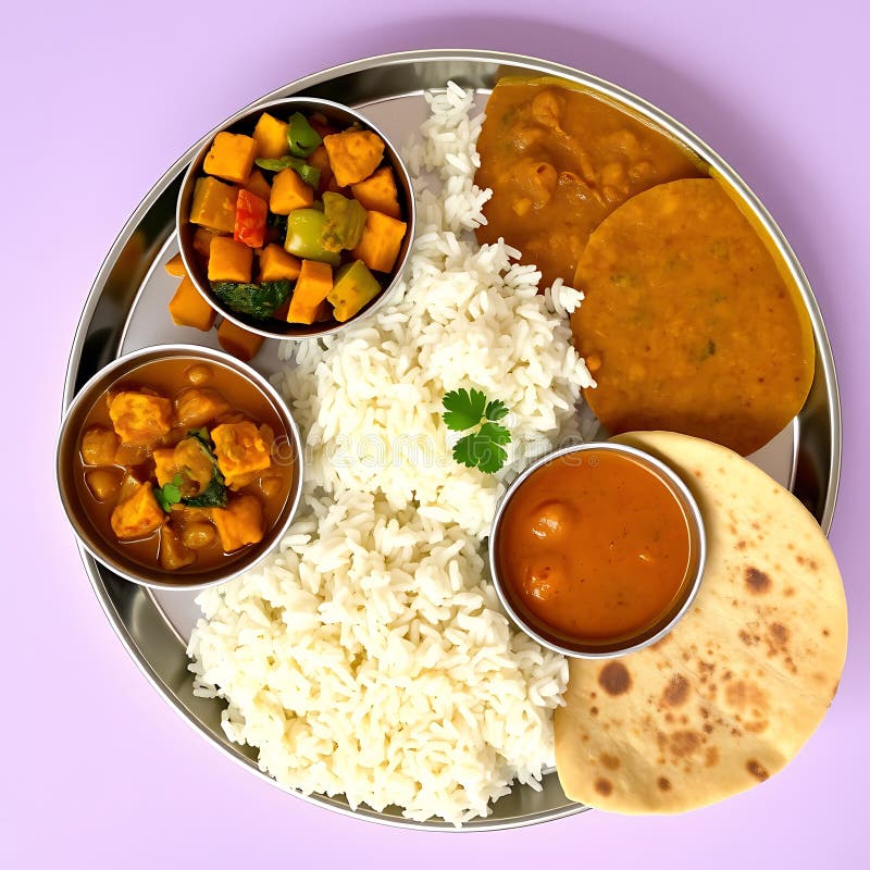 A Thali of Vegetable Curry, Dal, Rice, and Roti on a Pastel Lavender ...