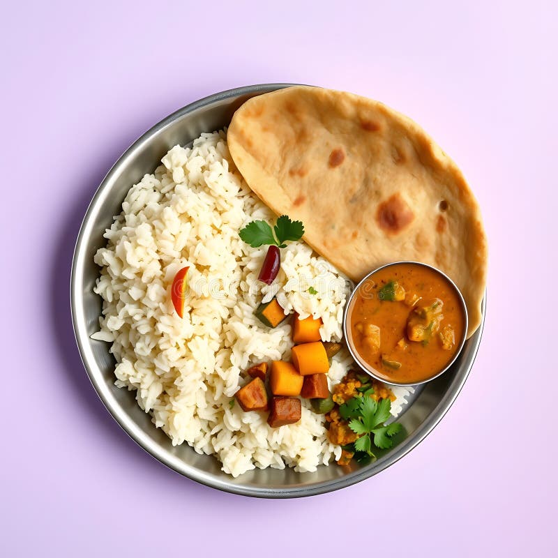 A Thali of Vegetable Curry, Dal, Rice, and Roti on a Pastel Lavender ...