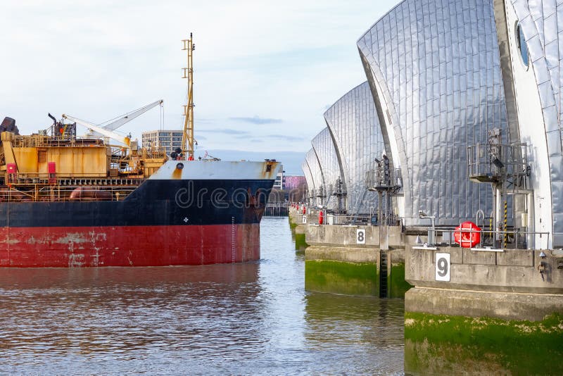 Thames Barrier with an Approaching Ship Stock Photo - Image of harbour ...