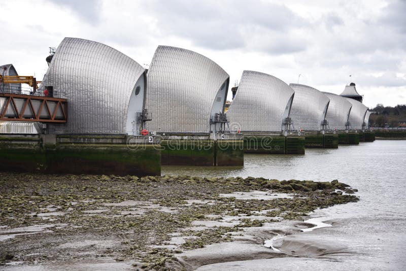 Thames Barrier, low tide stock image. Image of architecture - 311459069