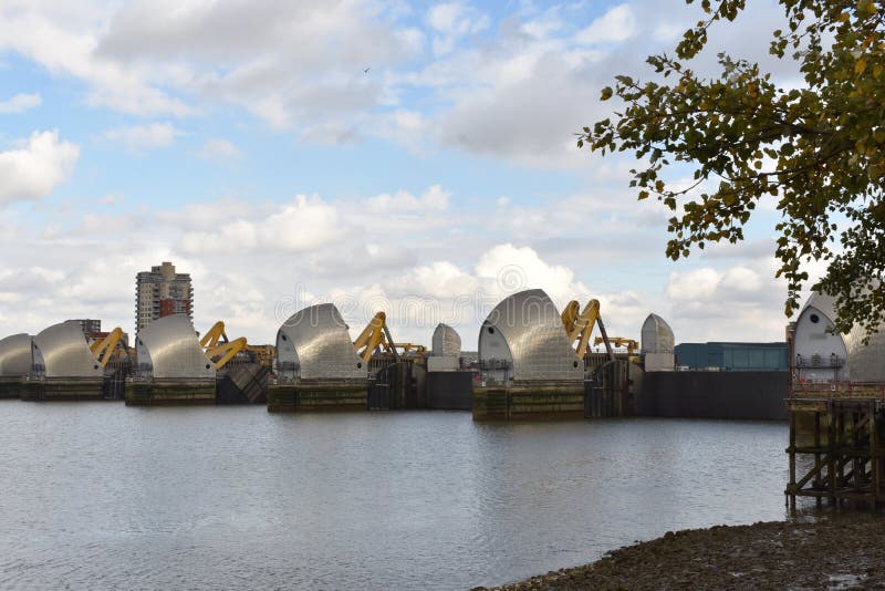 Thames barriers stock image. Image of clouds, river - 104492131