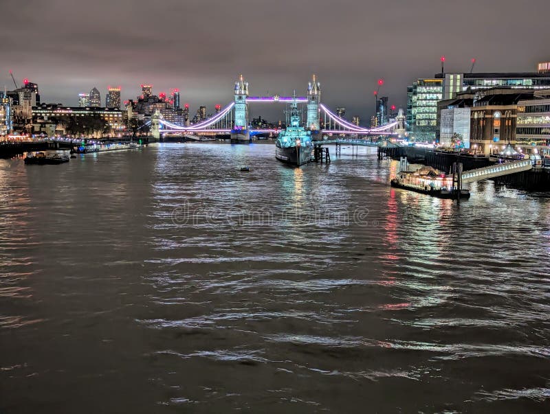 The Thames and Tower Bridge at Night in London Stock Photo - Image of ...
