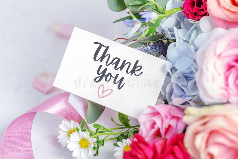Thank You Card on Blossom Flower Bouquet Stock Image - Image of floral ...