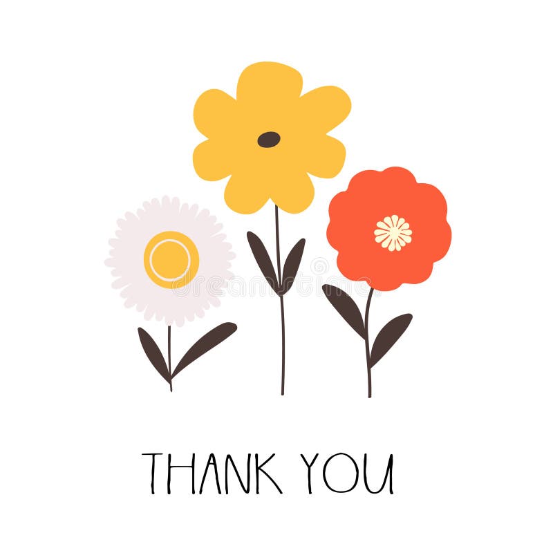 Thank You Card with Simple Cute Doodle Flowers. Vector Illustration ...