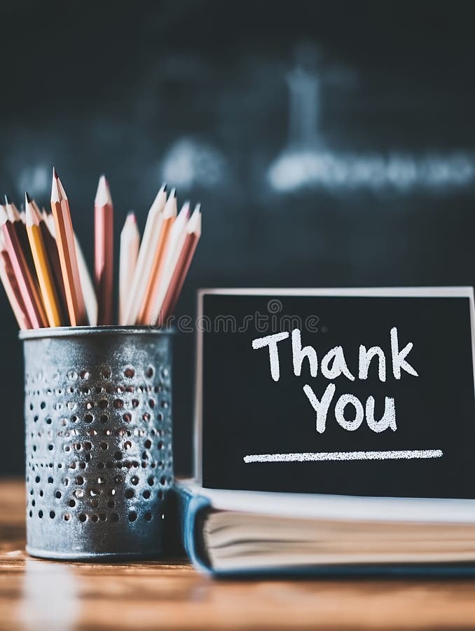Thank You Message on Chalkboard with Pencils in Holder on Book in ...