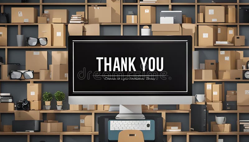Thank You Message on Computer Screen with Cardboard Boxes Stock ...