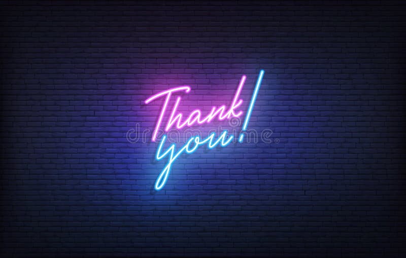 Thank You! Neon Sign. Purple And Blue Glow. Neon Text. Brick Wall Lit ...