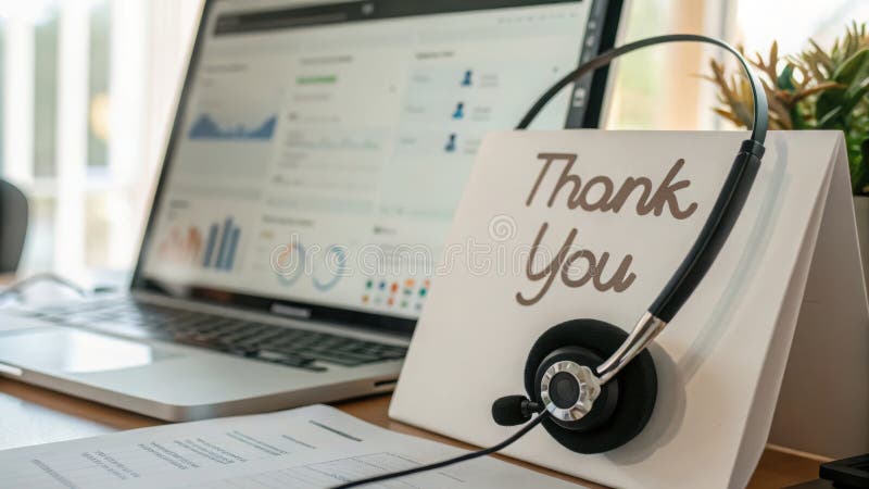 Thank You Note on Desk with Headset and Laptop Displaying Business ...
