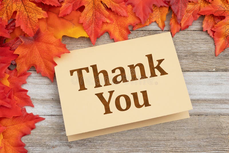 Thank You Note with Fall Leaves with a Greeting Card on Weathered Wood ...