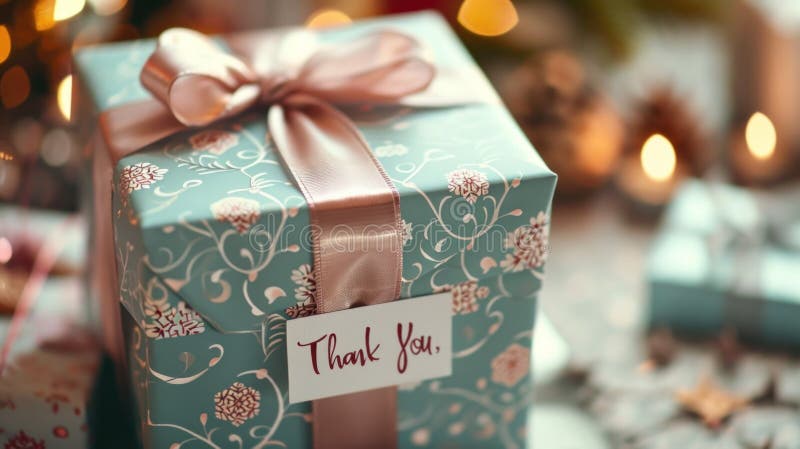 A Thank You Note on a Gift Box with Christmas Lights, AI Stock ...