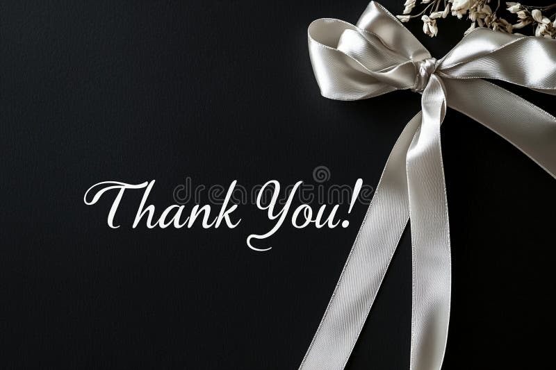 Thank You Written in Elegant White Calligraphy on a Solid Black Background with a Silver Ribbon ...