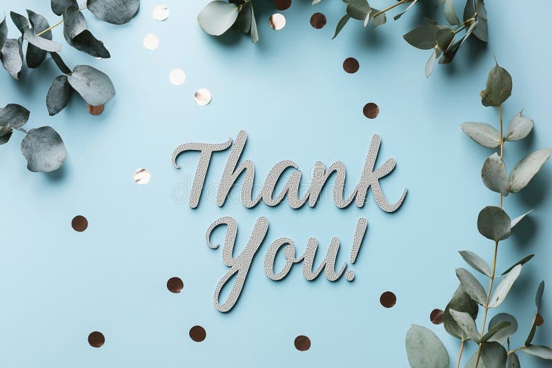 Thank You Written in Silver Script on a Blue Background with Confetti ...