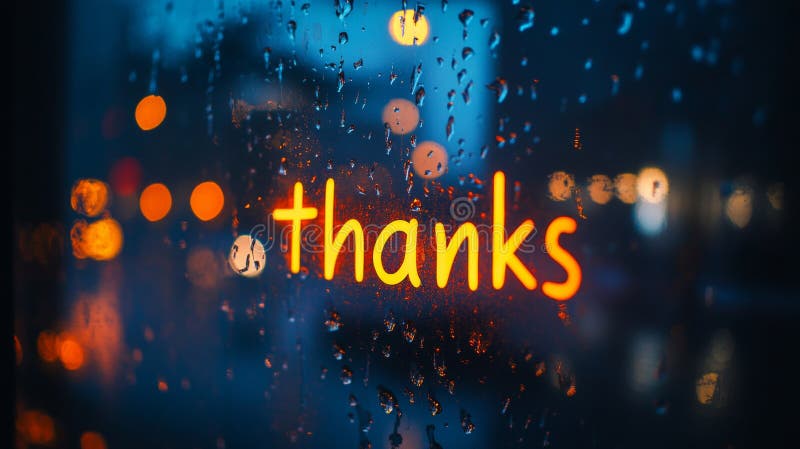 Thanks Written on Glass Window with Raindrops in Evening City Lights ...